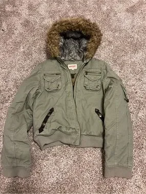 BONGO | Jackets & Coats | Vintage Bongo Green Fur Hood Utility Bomber ...